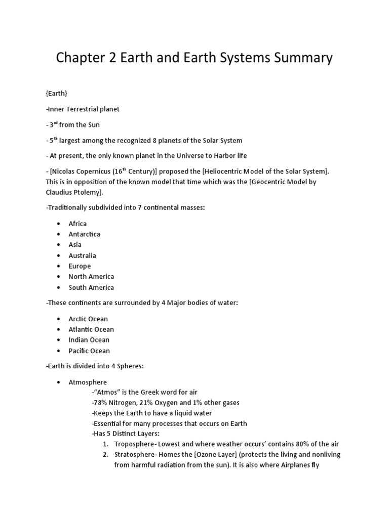 Chapter 2 Earth and Earth Systems Summary | PDF | Earth | Atmosphere Of ...