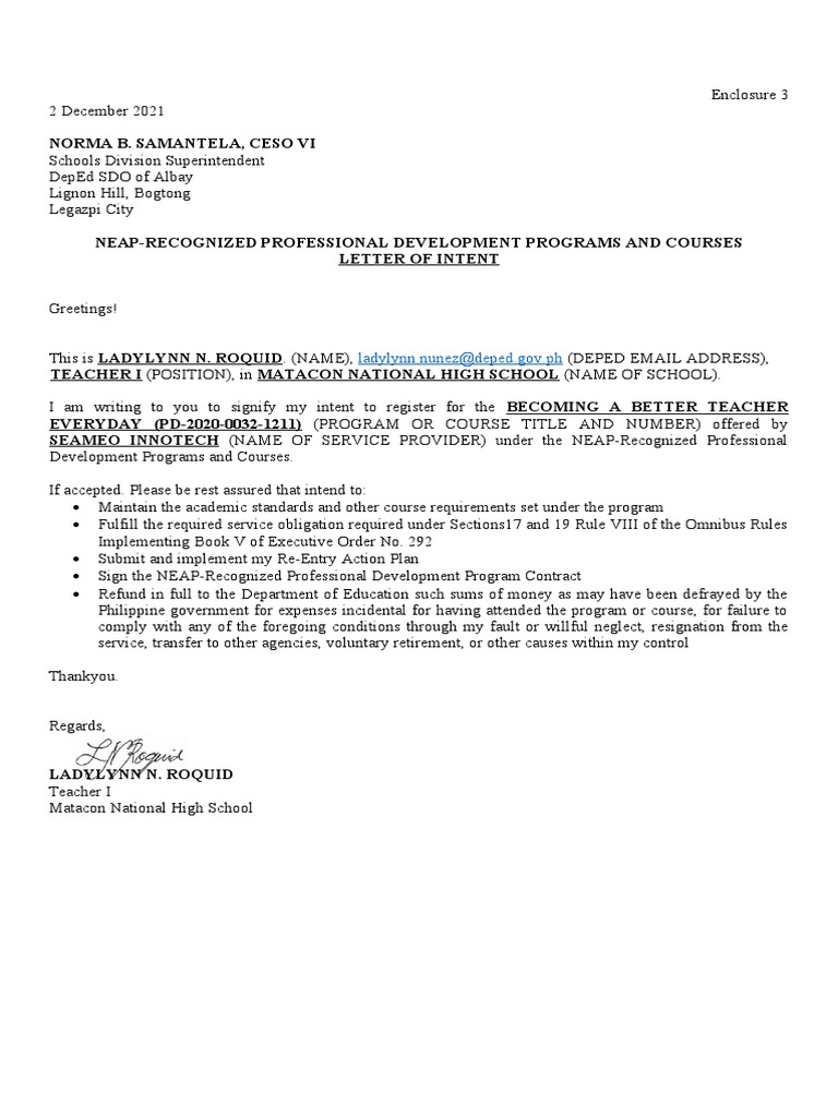DepEd Teacher's Letter of Intent for PD Program | PDF
