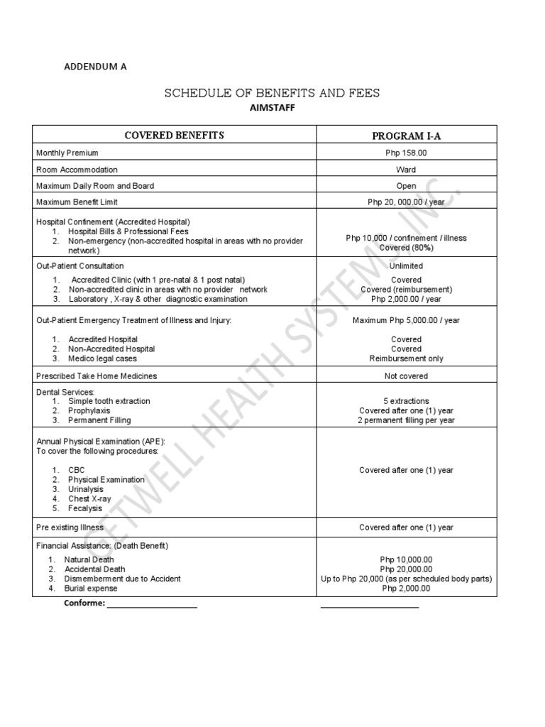 Schedule of Benefits and Fees: Addendum A | PDF | Hospital | Clinical ...