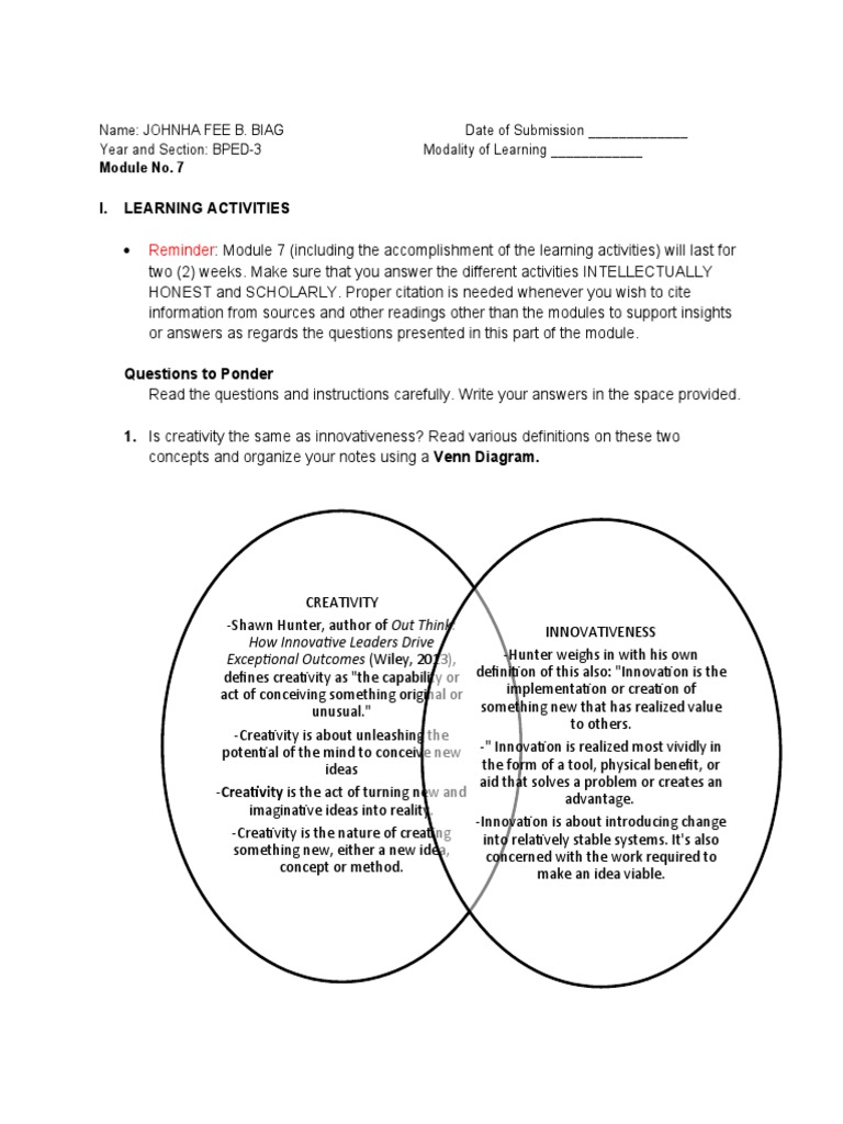 I. Learning Activities: Reminder | PDF | Learning | Literacy