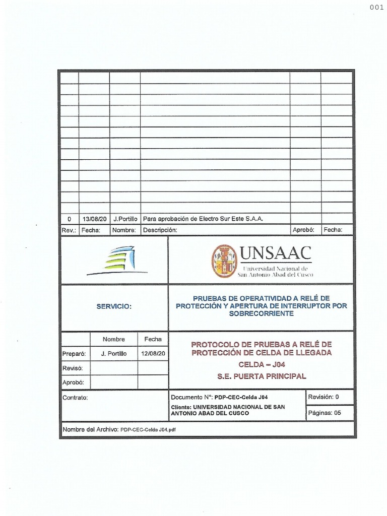 Protocolo de Pruebas Celda J04 Puerta Principal (2159) | PDF | Ingenieria Eléctrica ...