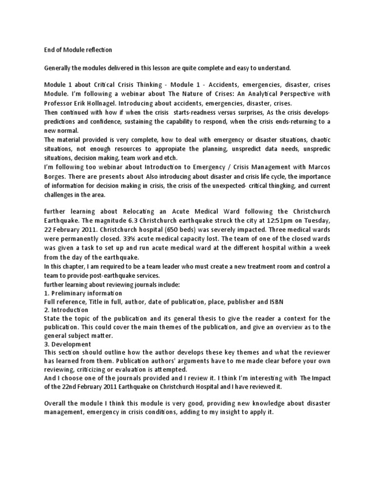 End of Module Reflection (My Reflection) | PDF | Crisis Management ...