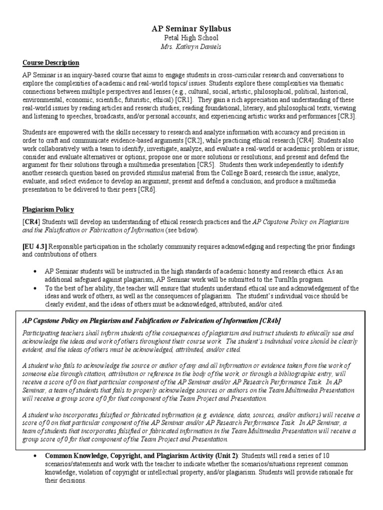 AP Seminar Syllabus 21-22 | PDF | Plagiarism | Knowledge