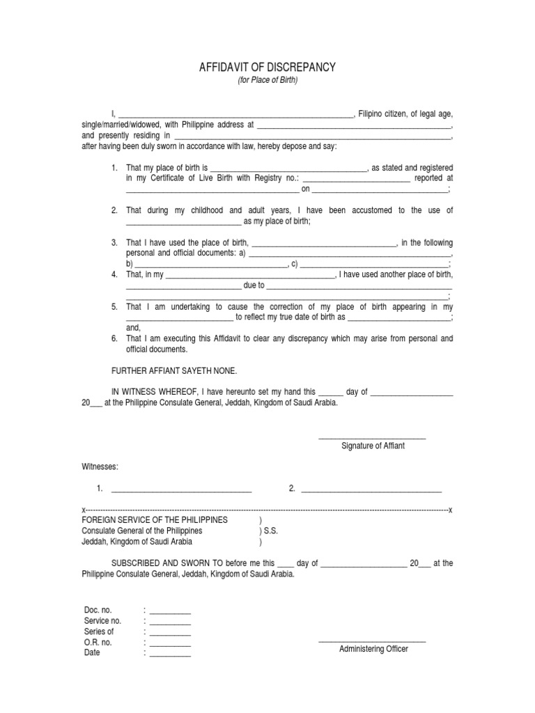 Affidavit of Discrepancy On Place of Birth | PDF | Affidavit | Civil ...