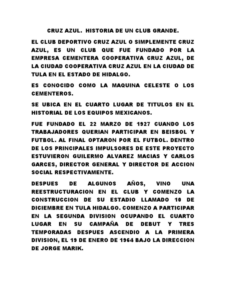 Cruz Azul Historia | PDF | Asociación de clubes de fútbol | Asociación ...