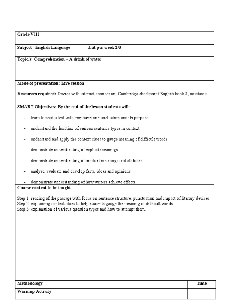 Grade 8 Water Comprehension Lesson Plan | PDF | Reading Comprehension ...