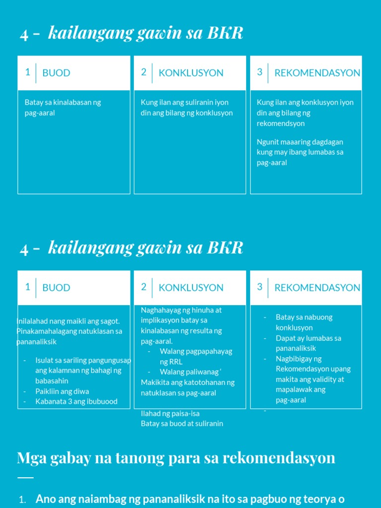 4 - Kailangang Gawin Sa BKR: 1 Buod 2 Konklusyon 3 Rekomendasyon | PDF