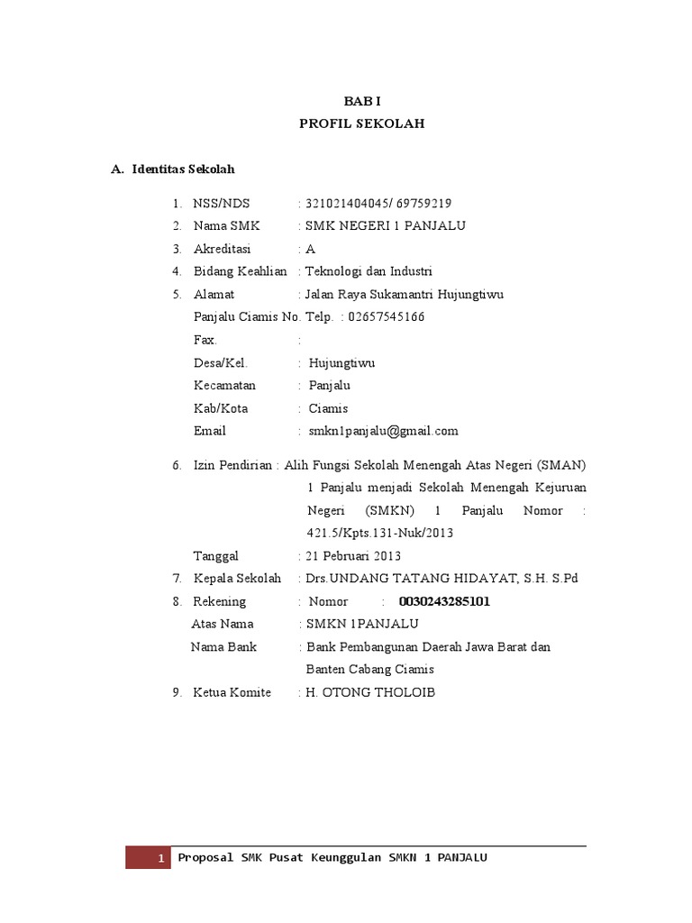 Bab I Profil Sekolah: Proposal SMK Pusat Keunggulan SMKN 1 PANJALU | PDF