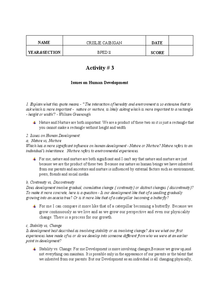 Activity # 3: Issues On Human Development | PDF | Nature Versus Nurture ...