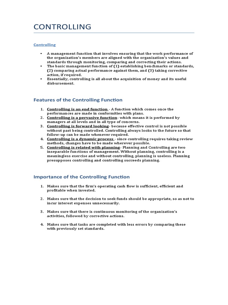 Controlling: Features of The Controlling Function | PDF | Inventory ...