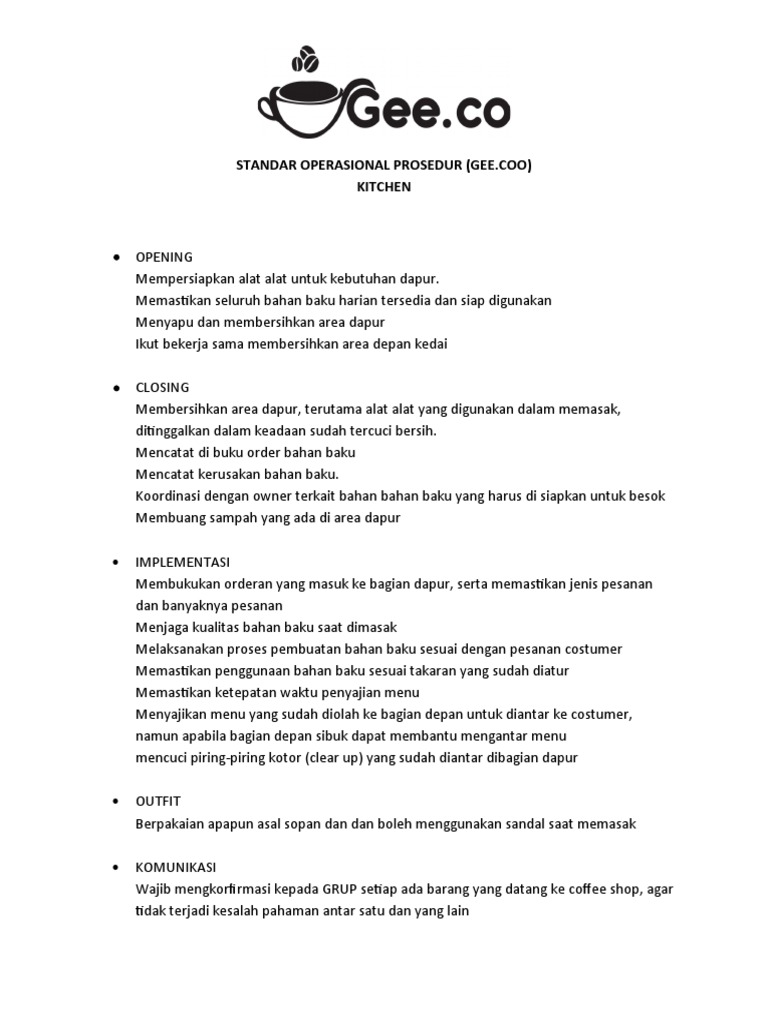 SOP Dapur Restoran dan Karyawan | PDF