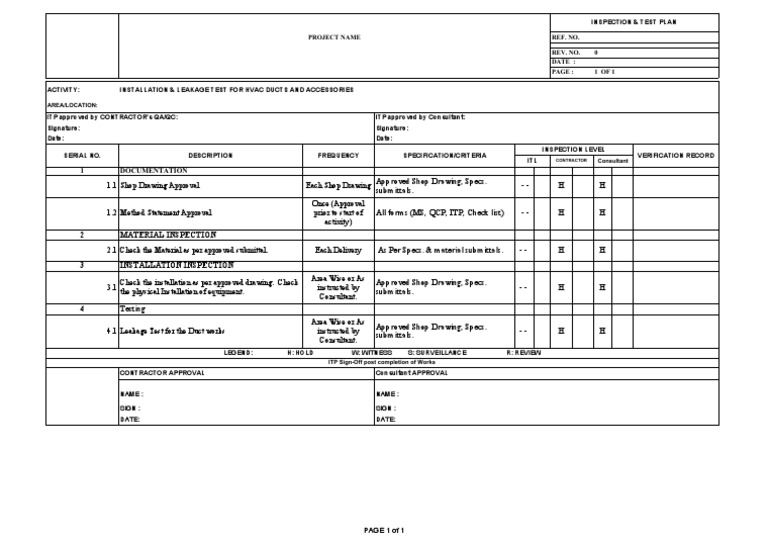 HVAC Duct Installation & Testing ITP | PDF | Systems Engineering | Building