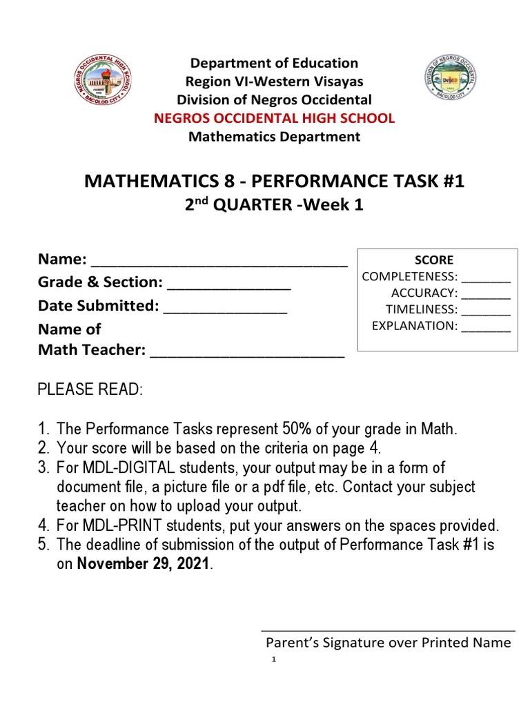 Mathematics 8 - Performance Task #1: 2 QUARTER - Week 1 | PDF | Mathematics