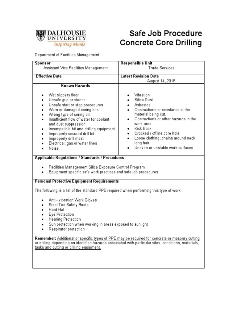 Safe Job Procedure For Concrete Core Drilling | PDF | Personal ...