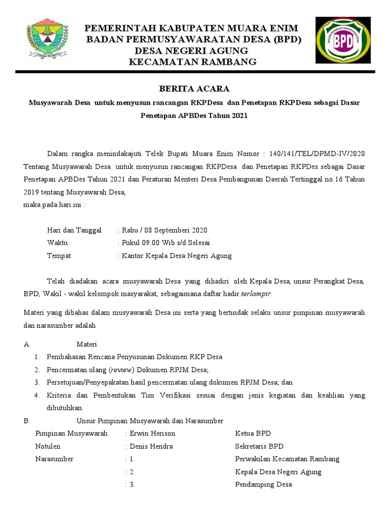 Berita Acara Musyawarah RKPDes 2021 | PDF