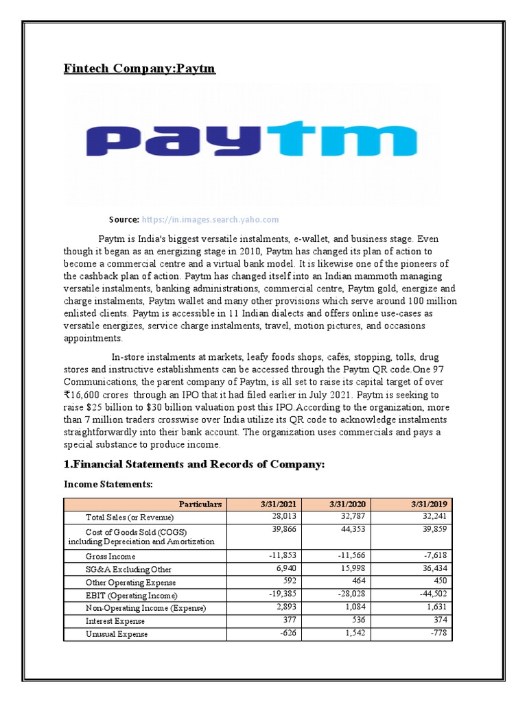 Fintech Company:Paytm: 1.financial Statements and Records of Company ...