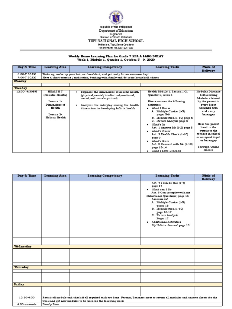Weekly Home Learning Plan | PDF | Learning | Teaching