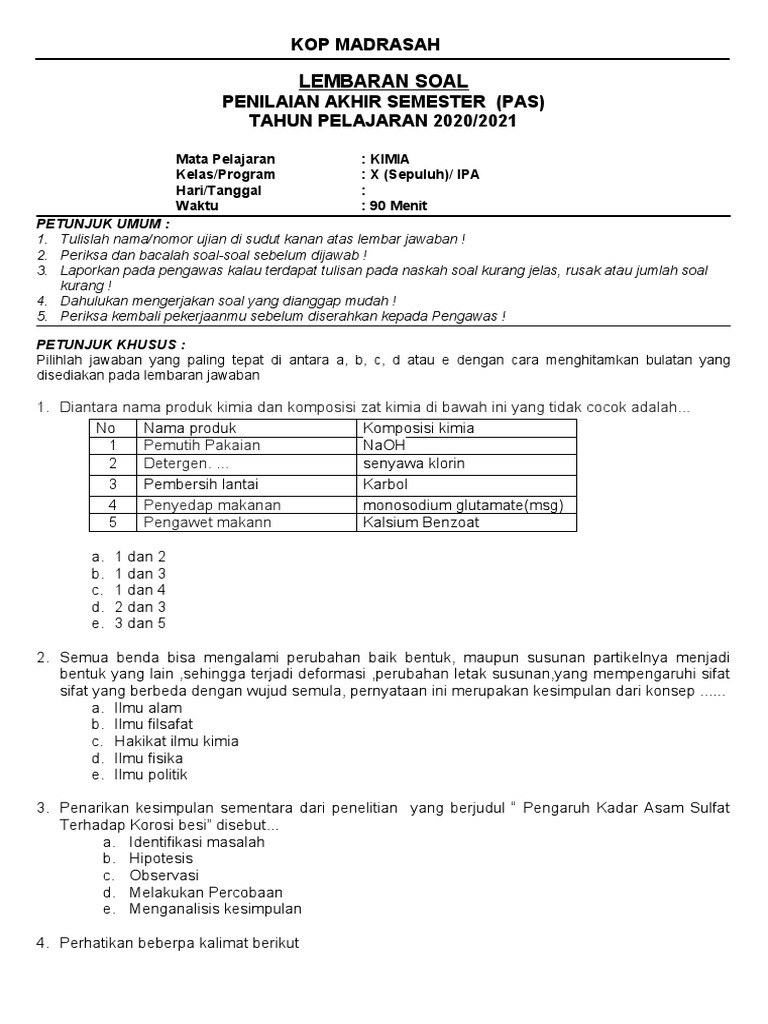 Soal Pas Kimia Kelas X | PDF | Sains & Matematika