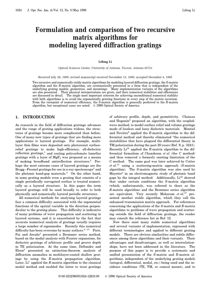 JOSA (1996) - Formulation and Comparison of Two Recursive Matrix Algorithms For Modeling Layered ...