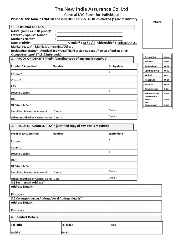 The New India Assurance Co. LTD: Central KYC Form For Individual | PDF ...