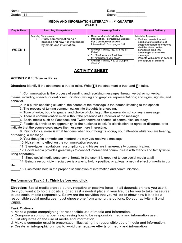 MIL-Answer Sheets Sheet 1ST QUARTER (WEEK 1-4) | PDF | Communication ...