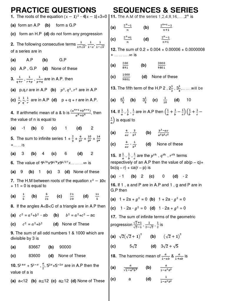 Sequences and Series Practice Questions | PDF | Mean | Elementary ...
