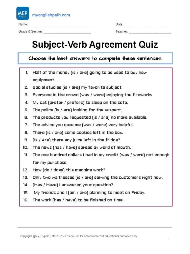 Subject-Verb Agreement Quiz: Choose The Best Answers To Complete These ...