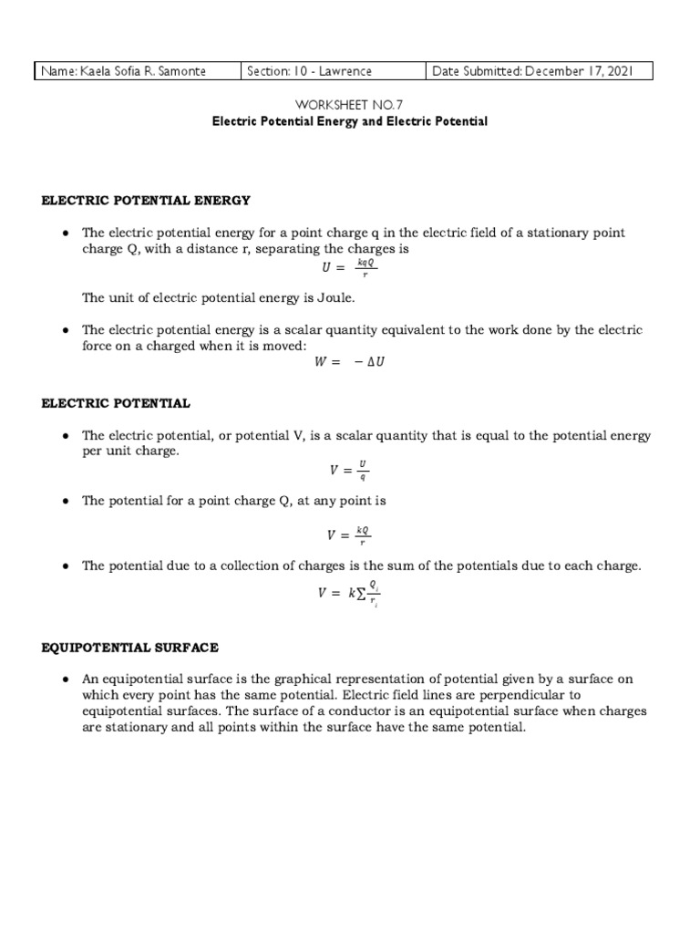KAELA SAMONTE - Worksheet 7 - Electric Potential Energy and Electric ...