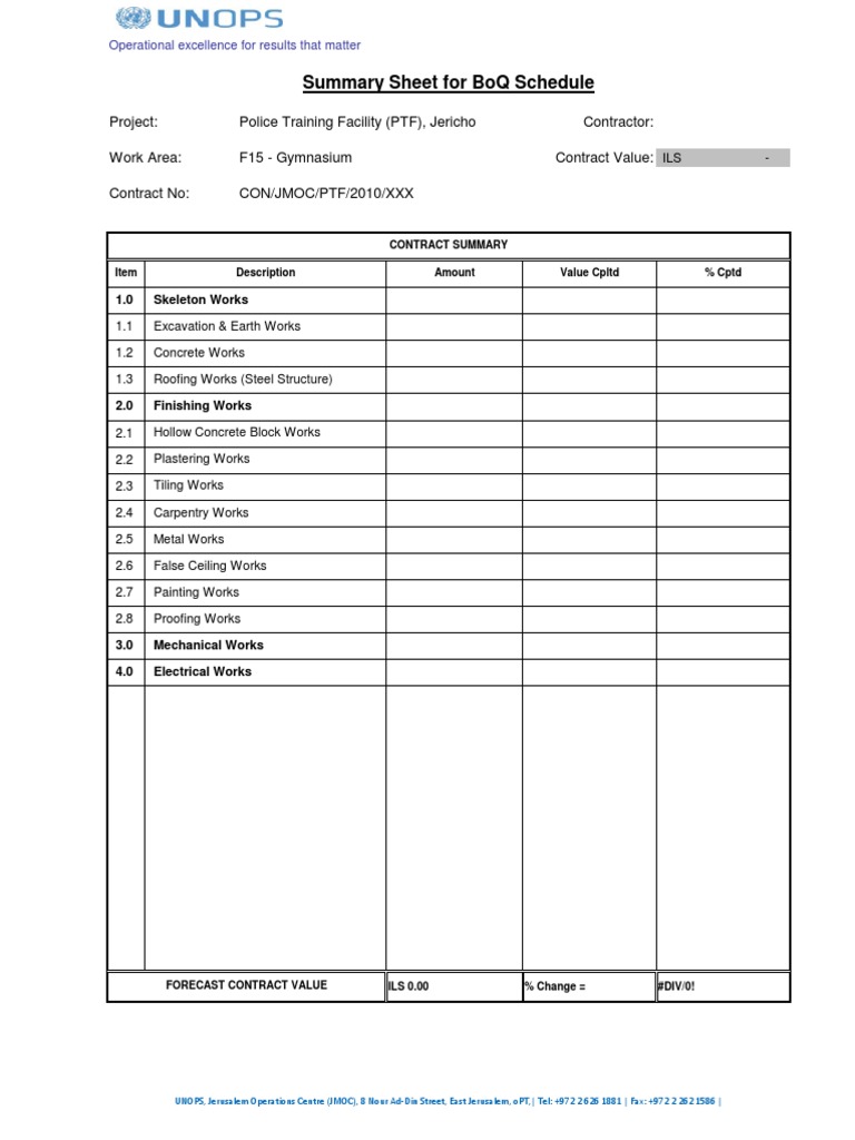 Summary Sheet For Boq Schedule | PDF | Concrete | Wall