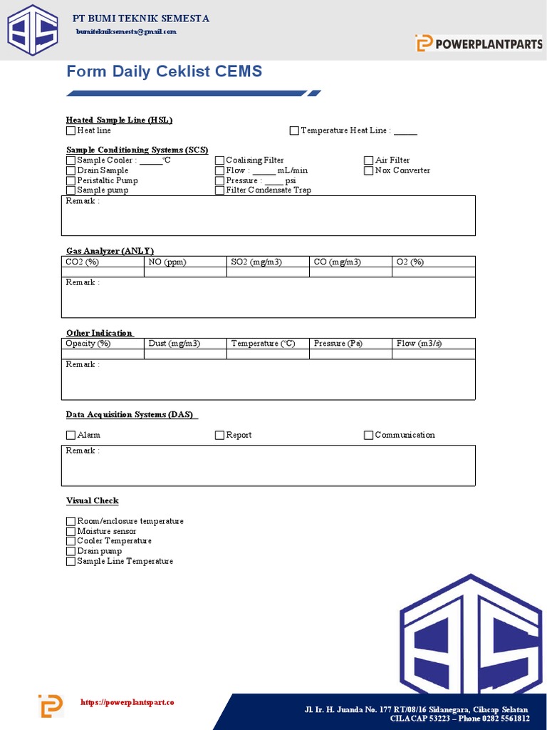 Form Daily Maintenance CEMS All Unit PT S2P | PDF