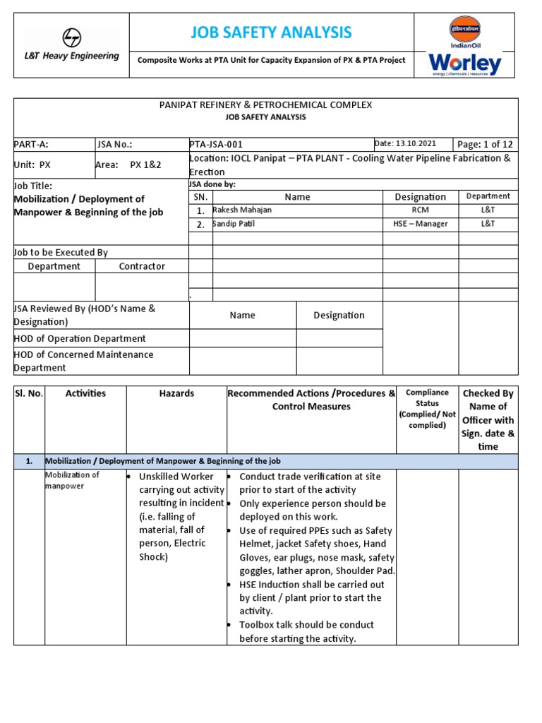 PTA-JSA-001-Mobilization Deployment of Manpower & Beginning of The Job ...