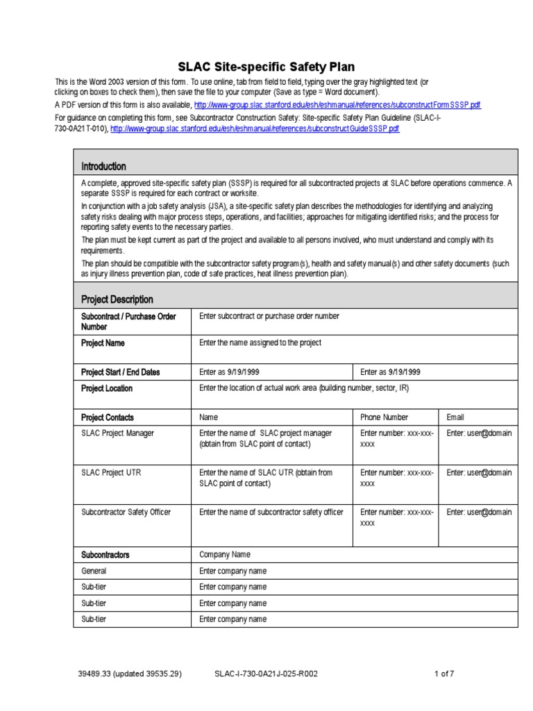 SLAC Site Safety Plan Summary | PDF | Occupational Safety And Health ...