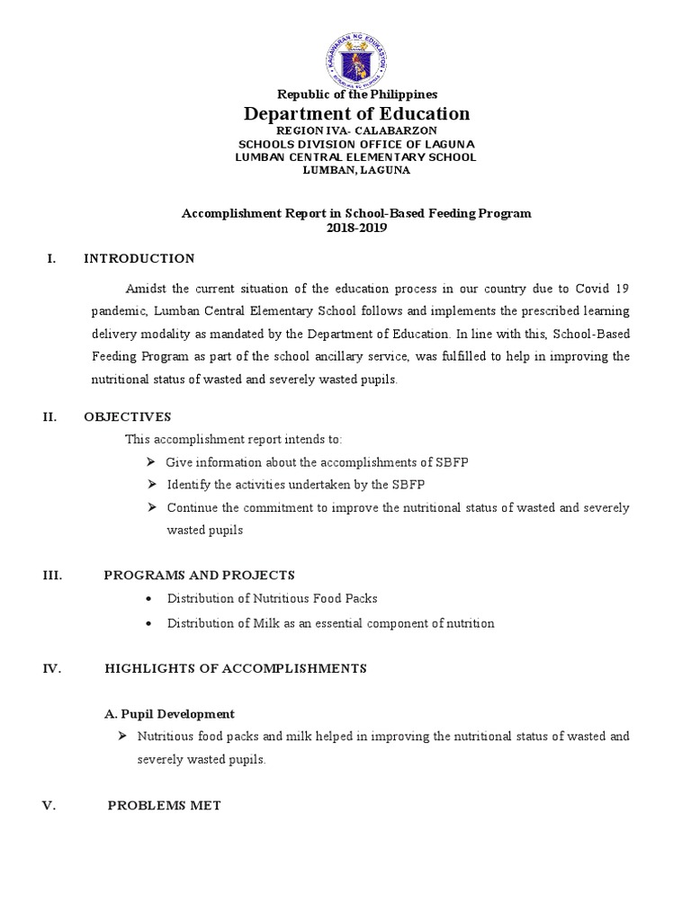 Accomplishment Report in SBFP | PDF | Nutrition | Diet & Nutrition