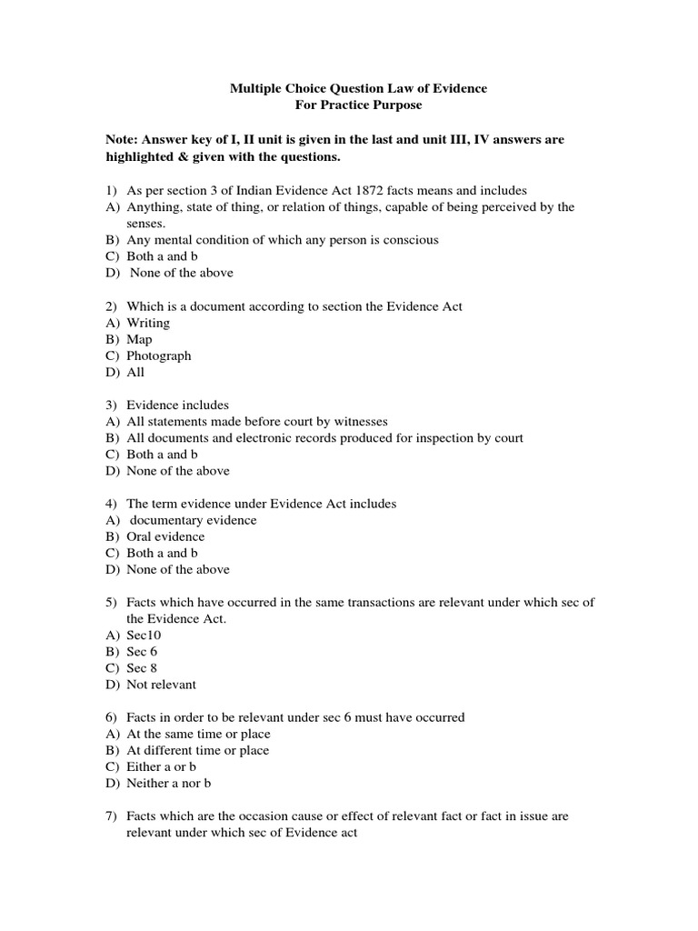 Multiple Choice Questions on Evidence Law | PDF | Confession (Law ...