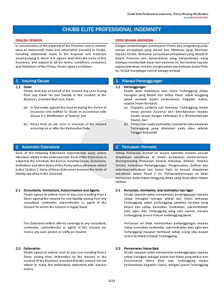 Chubb Elite Professional Indemnity Policy Wording | PDF