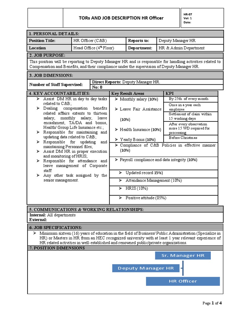 Tors and Job Description HR Officer | PDF | Employment | Economies