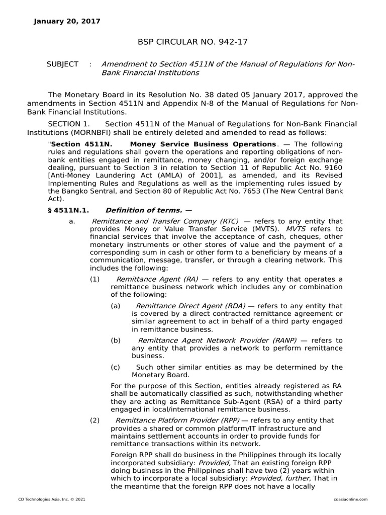 BSP Circular No. 942-17: January 20, 2017 | PDF | Money Laundering ...