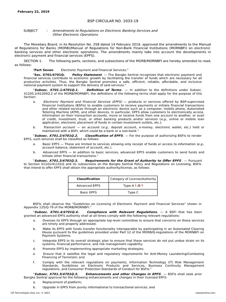 Amendments To Regulations On Electronic Banking Services and Other ...