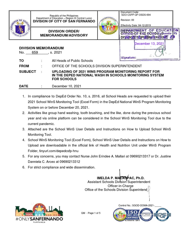 Memorandum No. 659 S. 2021 UPLOADING OF 2021 WINS PROGRAM MONITORING ...