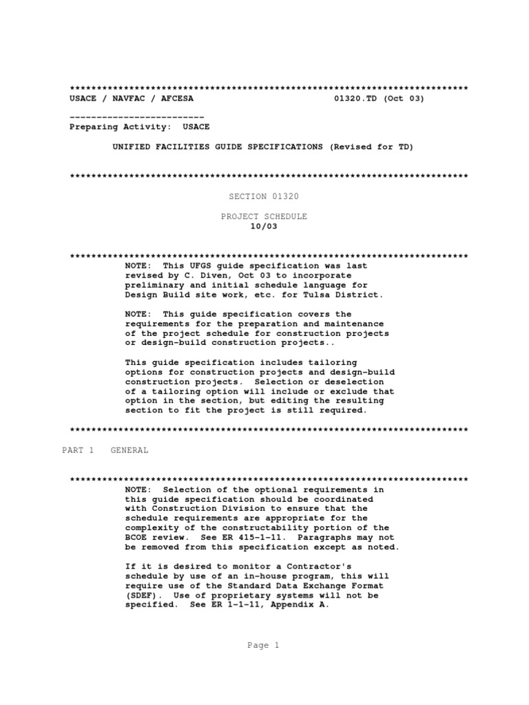USACE Schedule Specs | General Contractor | Specification (Technical ...