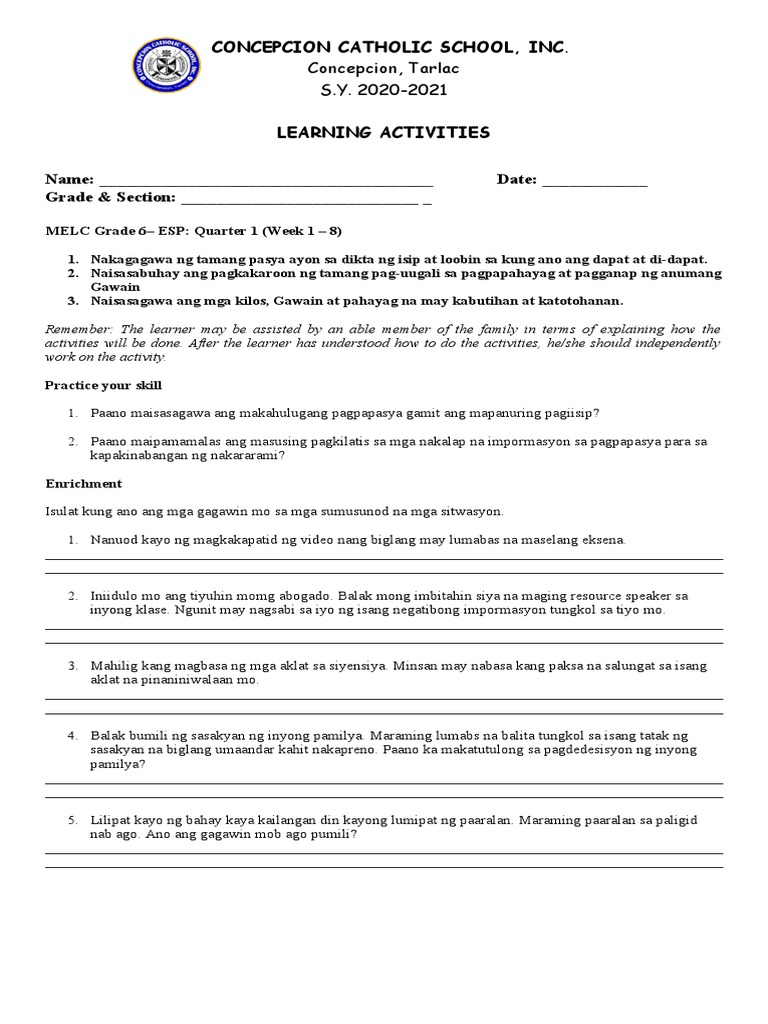 Grade 6 - Learning Activities 1-8 | PDF
