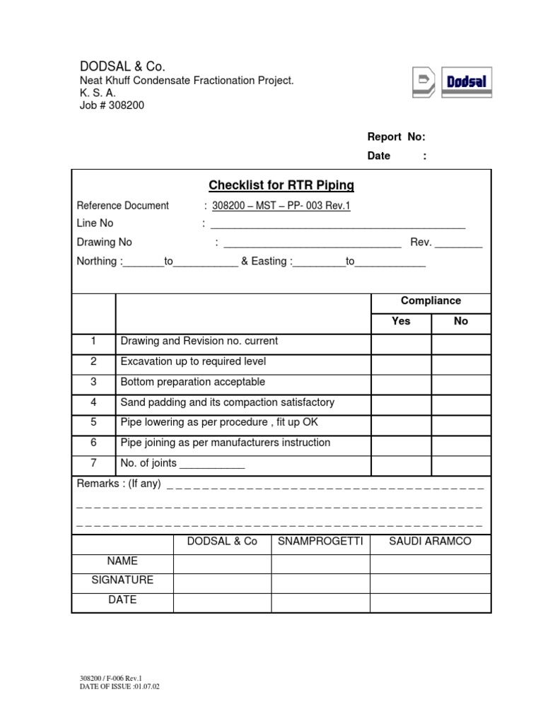 F-006 (Checklist For RTR Piping) | PDF
