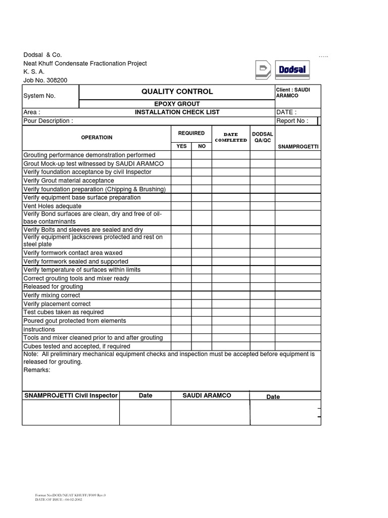 F-09 (Checklist For Epoxy Grout) | PDF | Technology & Engineering