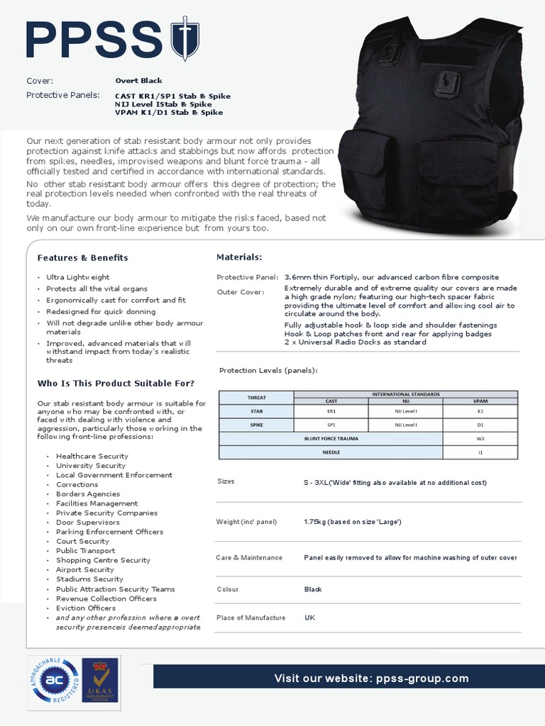 Overt Black CAST KR1/SP1 Stab & Spike NIJ Level I Stab & Spike VPAM K1 ...