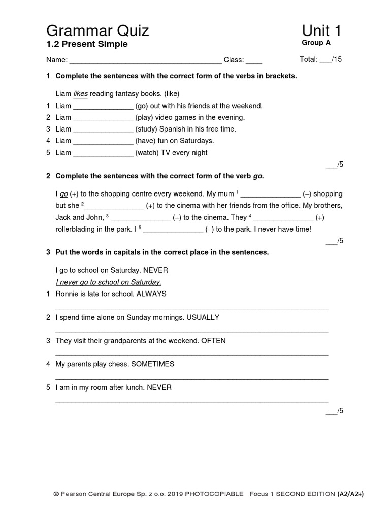 Grammar Quiz Unit 1: 1.2 Present Simple | PDF | Games & Activities ...