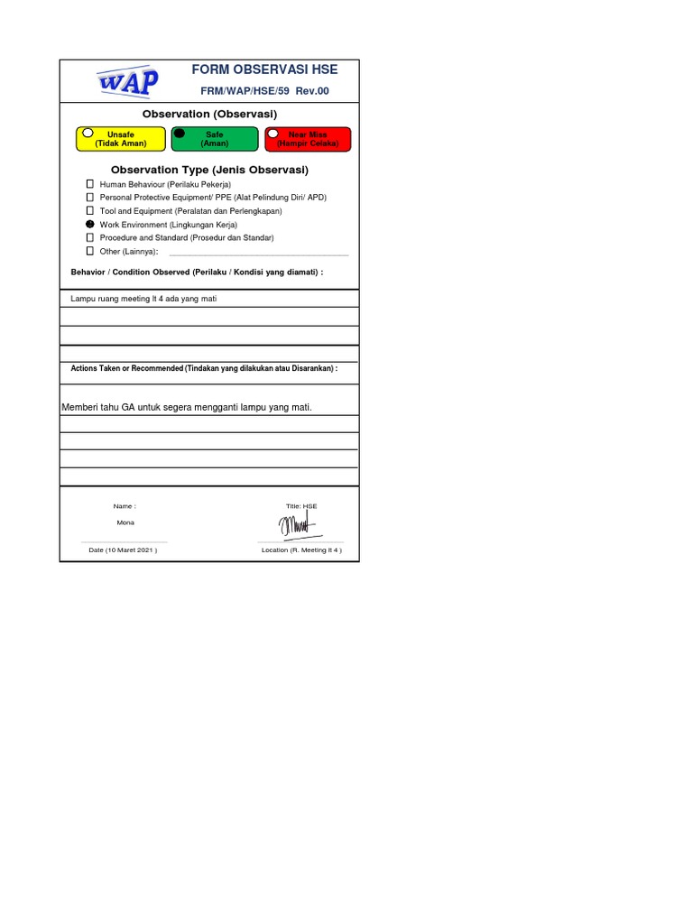 Form Observasi Hse | PDF