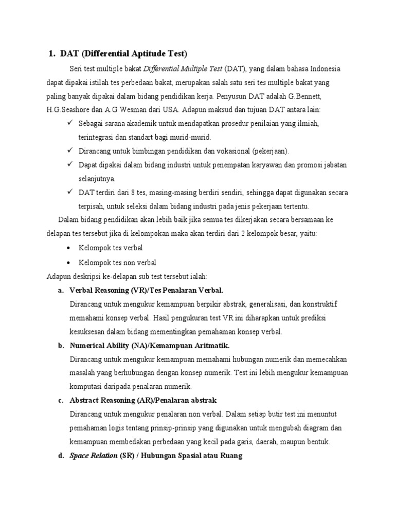 DAT (Differential Aptitude Test) : A. Verbal Reasoning (VR) /tes ...