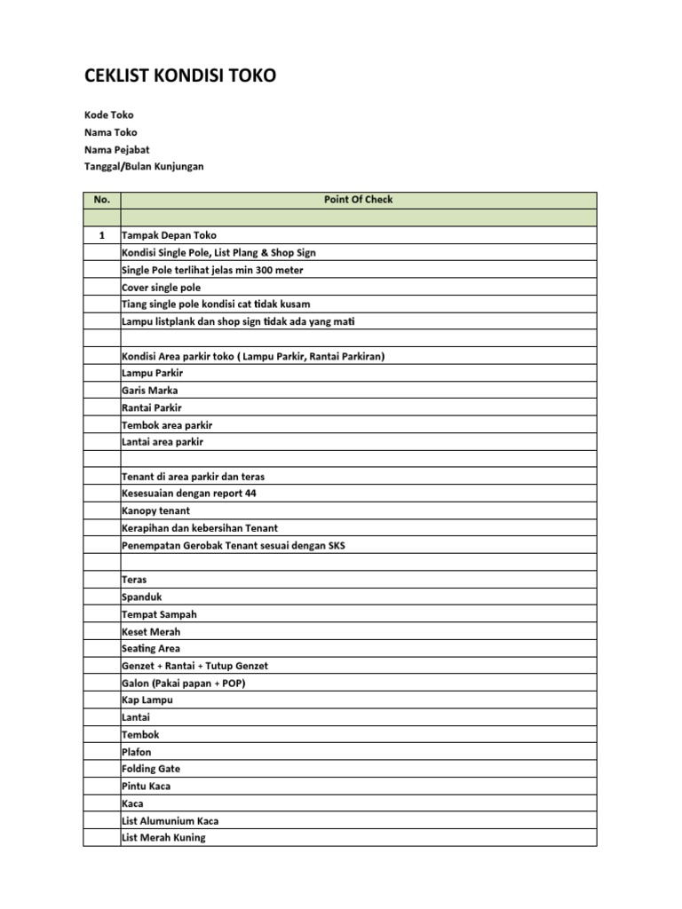 Ceklist - Kondisi - Toko - SABER - AC - Emma-1 | PDF | Teknologi & Rekayasa