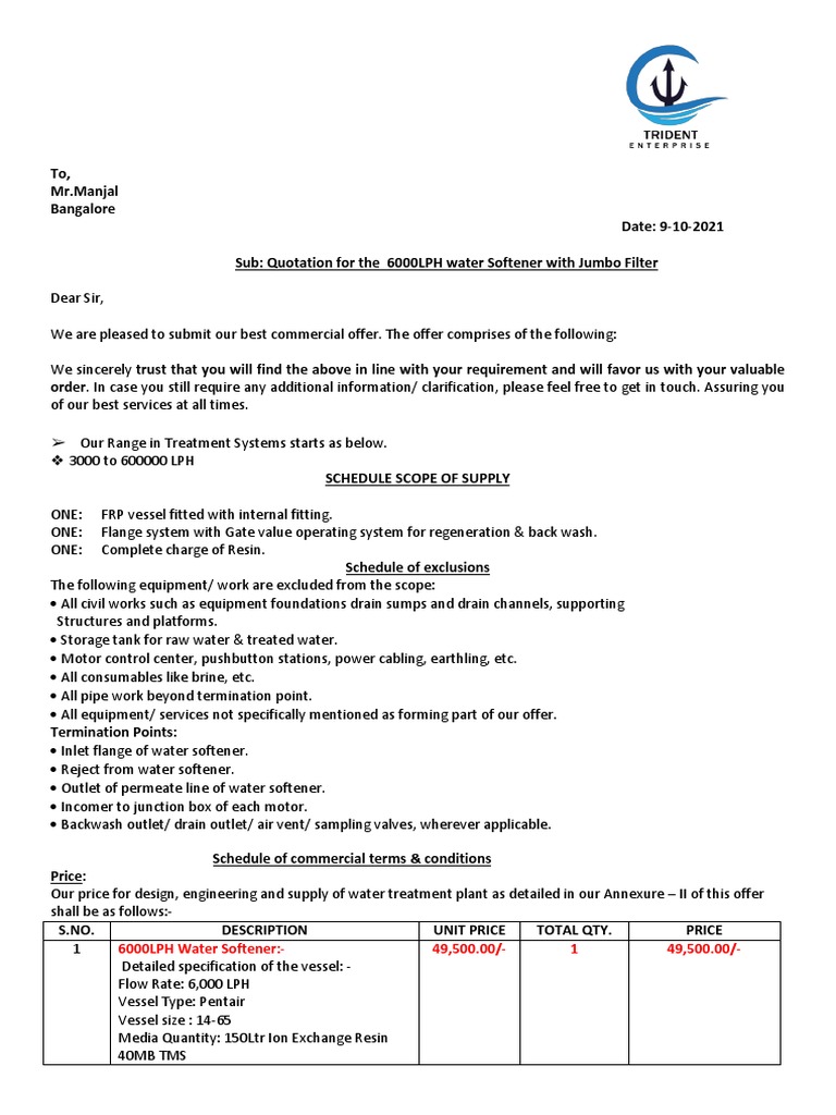 Quotation For 6000Lph Water Softener MR Manjal | PDF