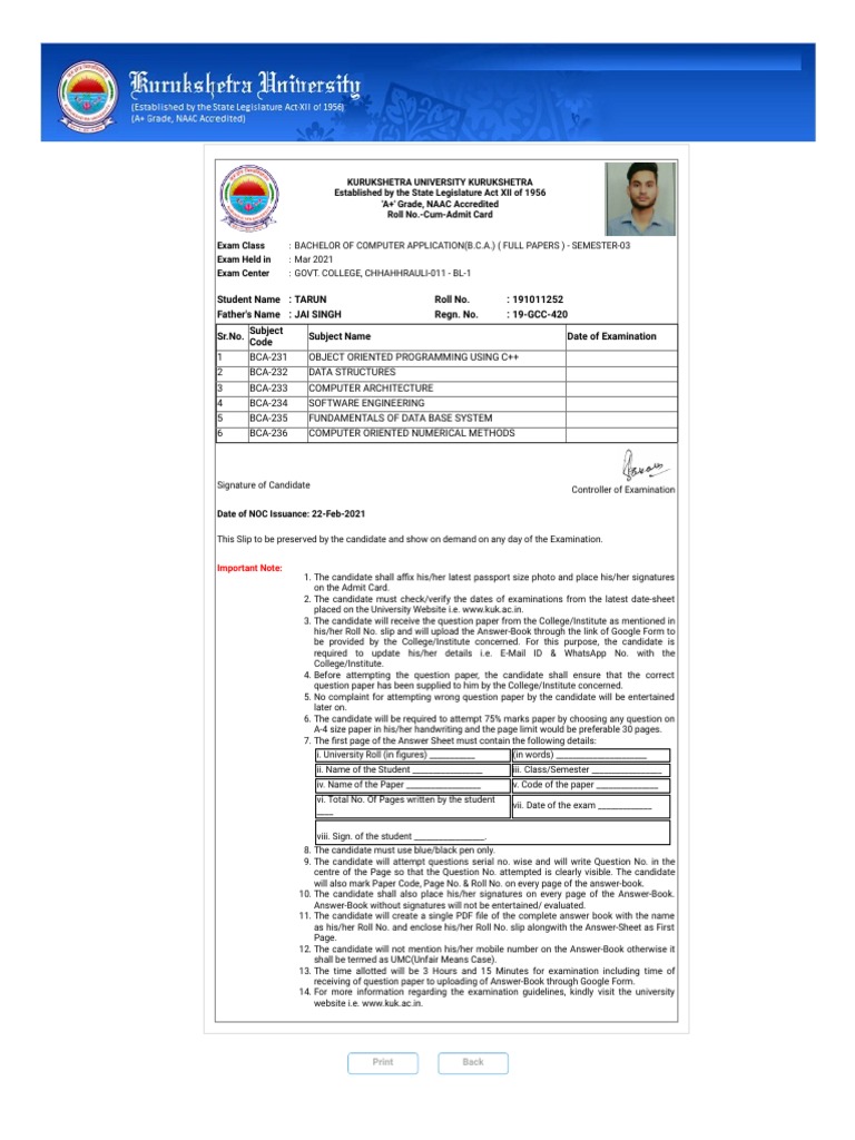 Student Name: TARUN Roll No.: 191011252 Father's Name: JAI SINGH Regn ...